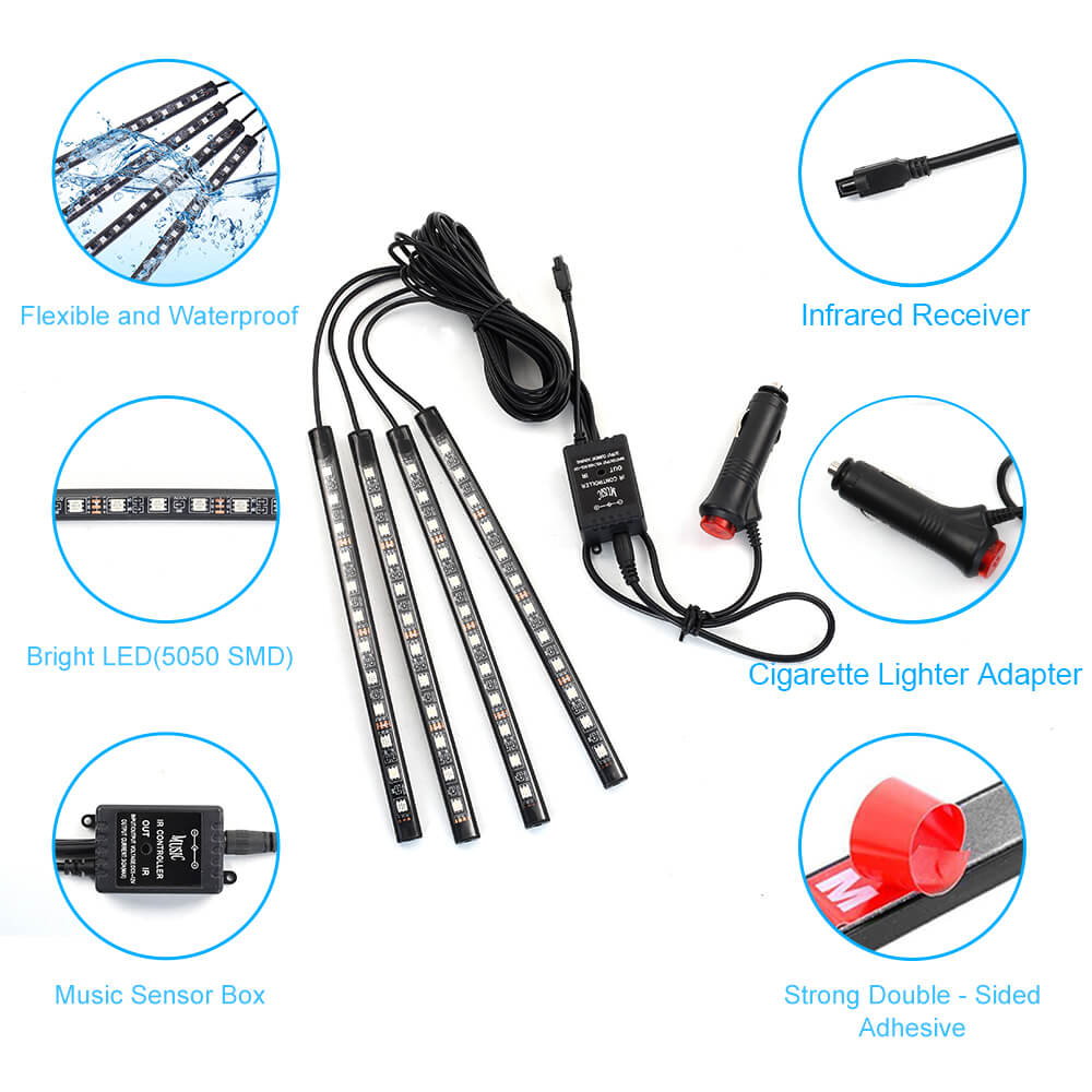 Car Interior Led Ambient Ambient Foot Light with USB Wireless Remote Music Control RGB Neno ...